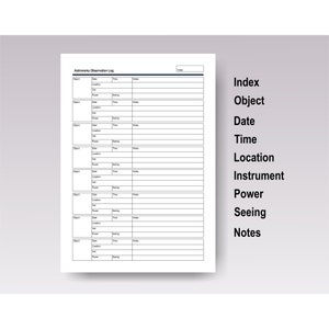 Astronomy Observation Log Sheet PDF Form Astronomical Logbook | Etsy