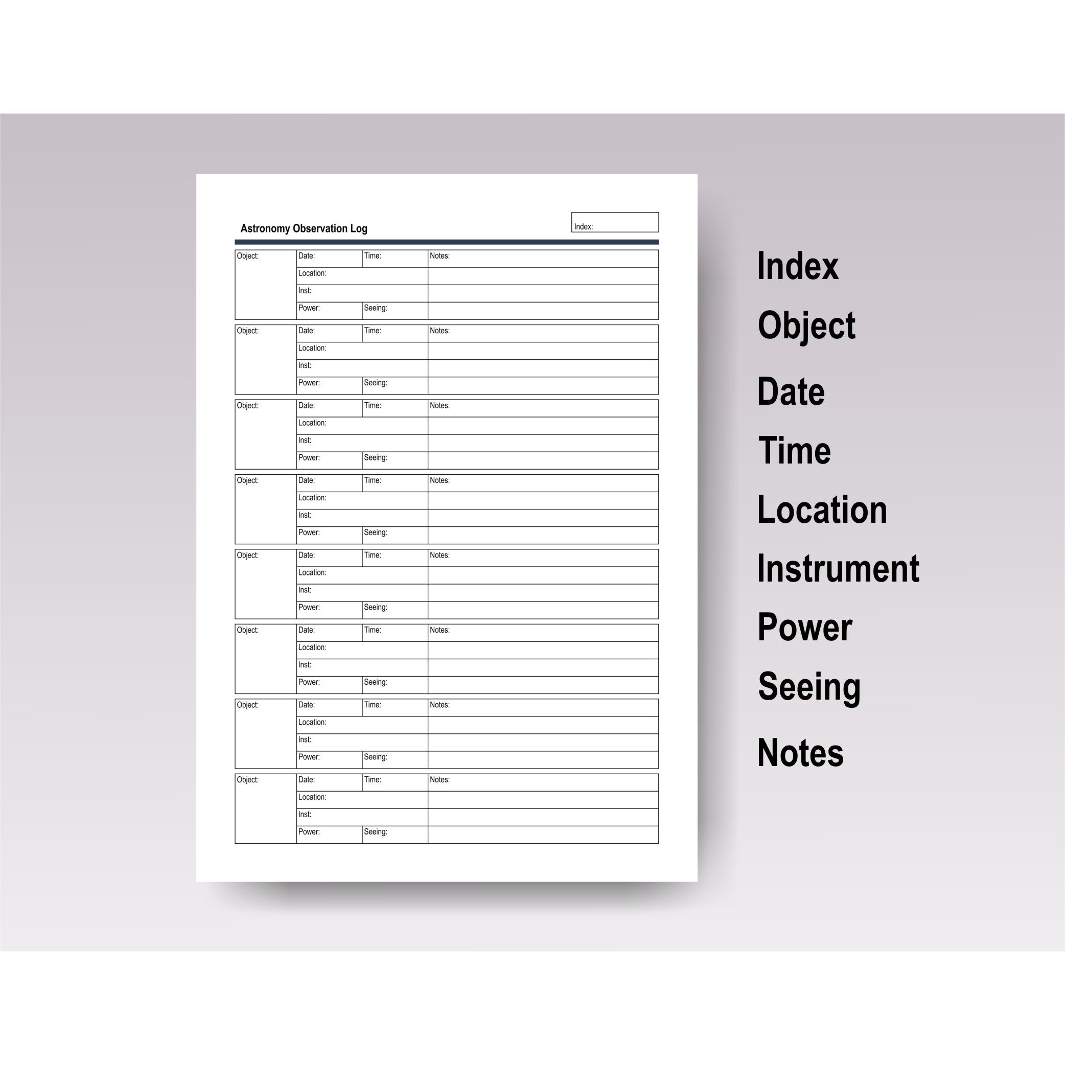 Astronomy Observation Log Sheet PDF Form Astronomical Logbook | Etsy