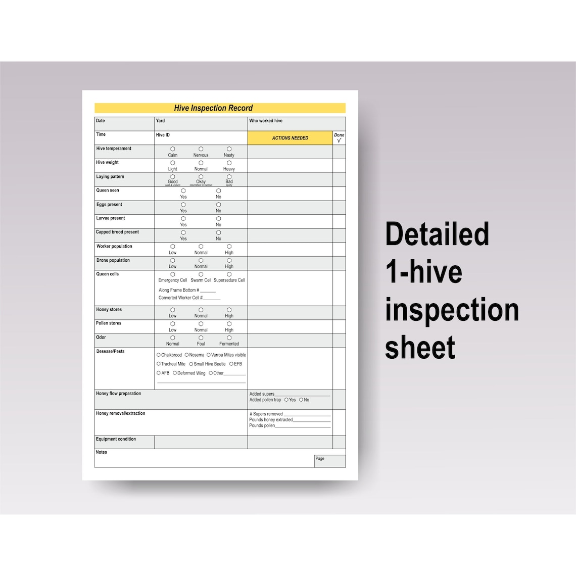 Beehive Inspection Checklist Pdf Form Printable Bee Hive | Etsy