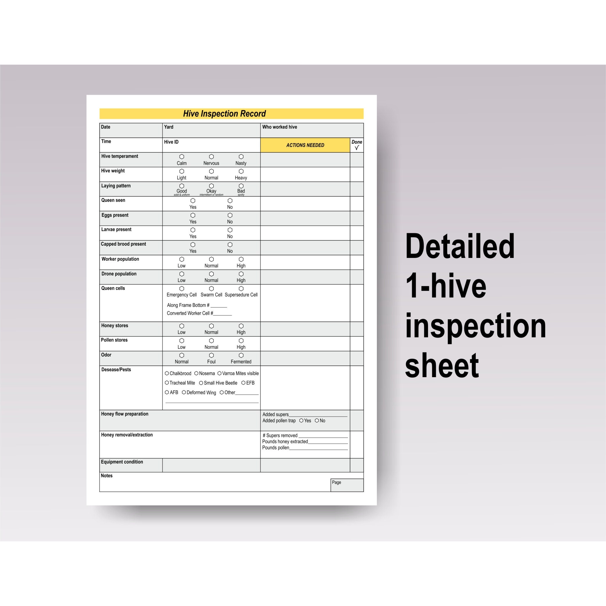 Beehive Inspection Checklist Pdf Form Printable Bee Hive | Etsy