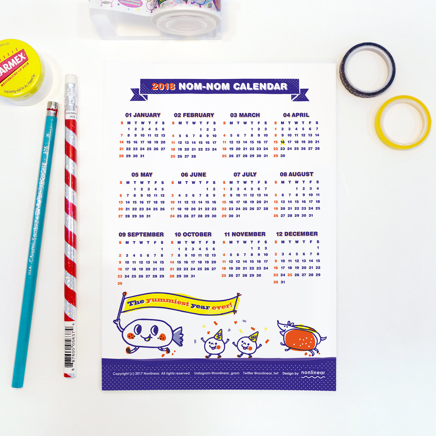 Printable 2018 Year At A Glance Calendar Illust Calendar Charactor