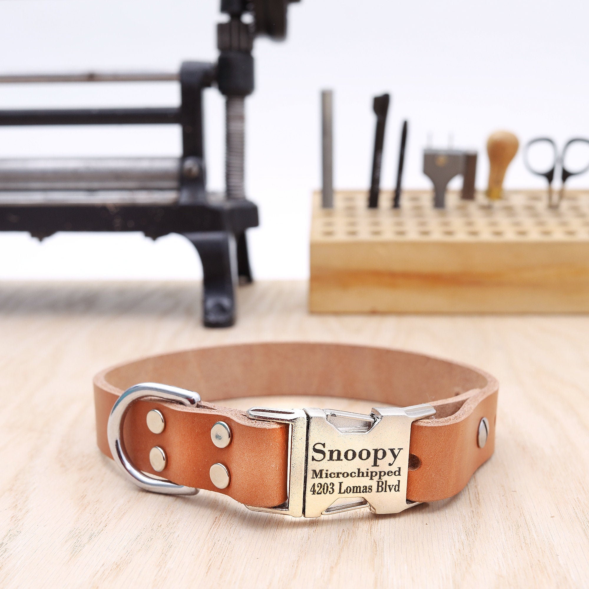 Personalized Tan Leather Dog Collar w Quick Release Handmade | Etsy