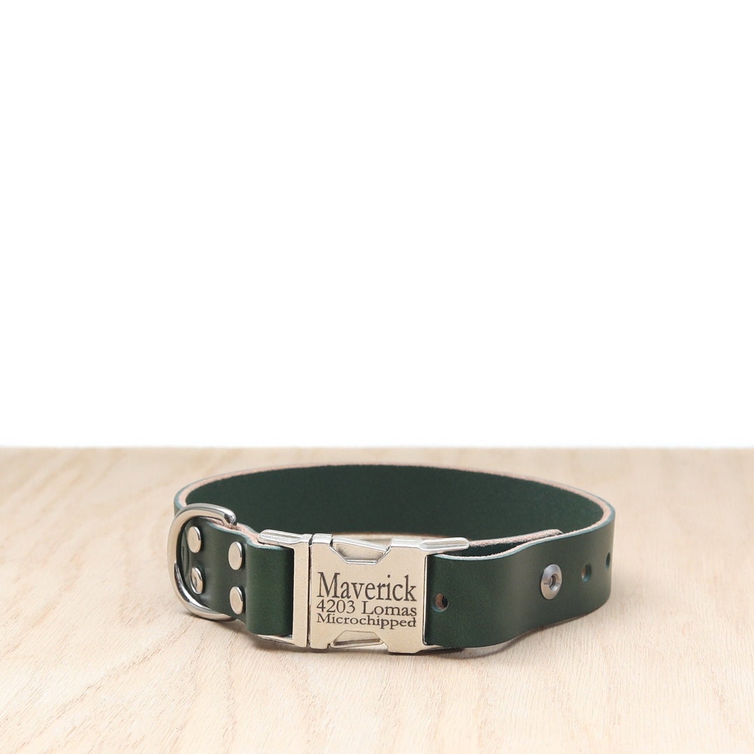 Personalized Green Leather Quick Release Collar | Handmade Engraved ...