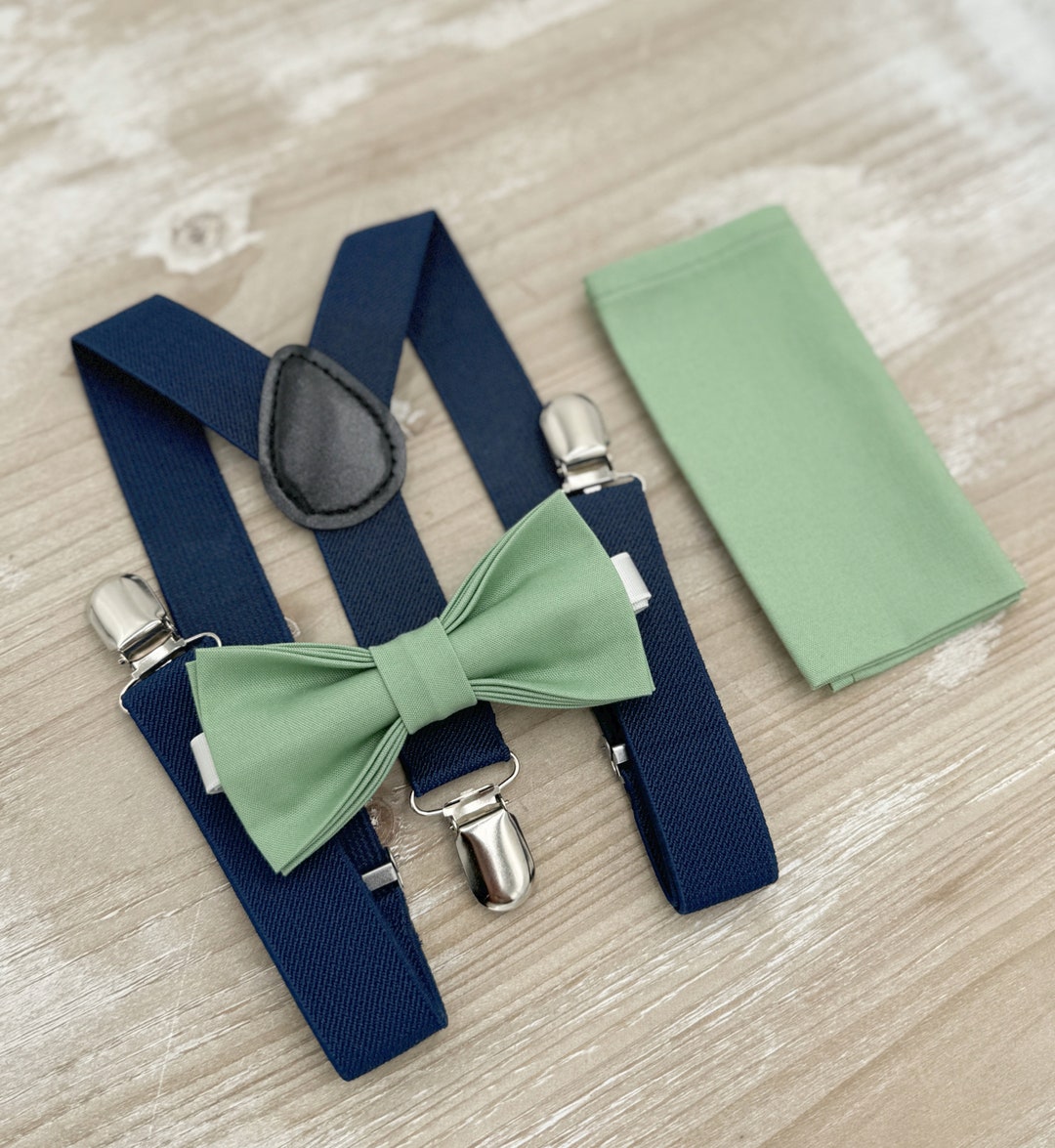 Matcha Bow Tie & Suspenders, Navy Braces, Sage Meadow Green Bow, Pocket ...