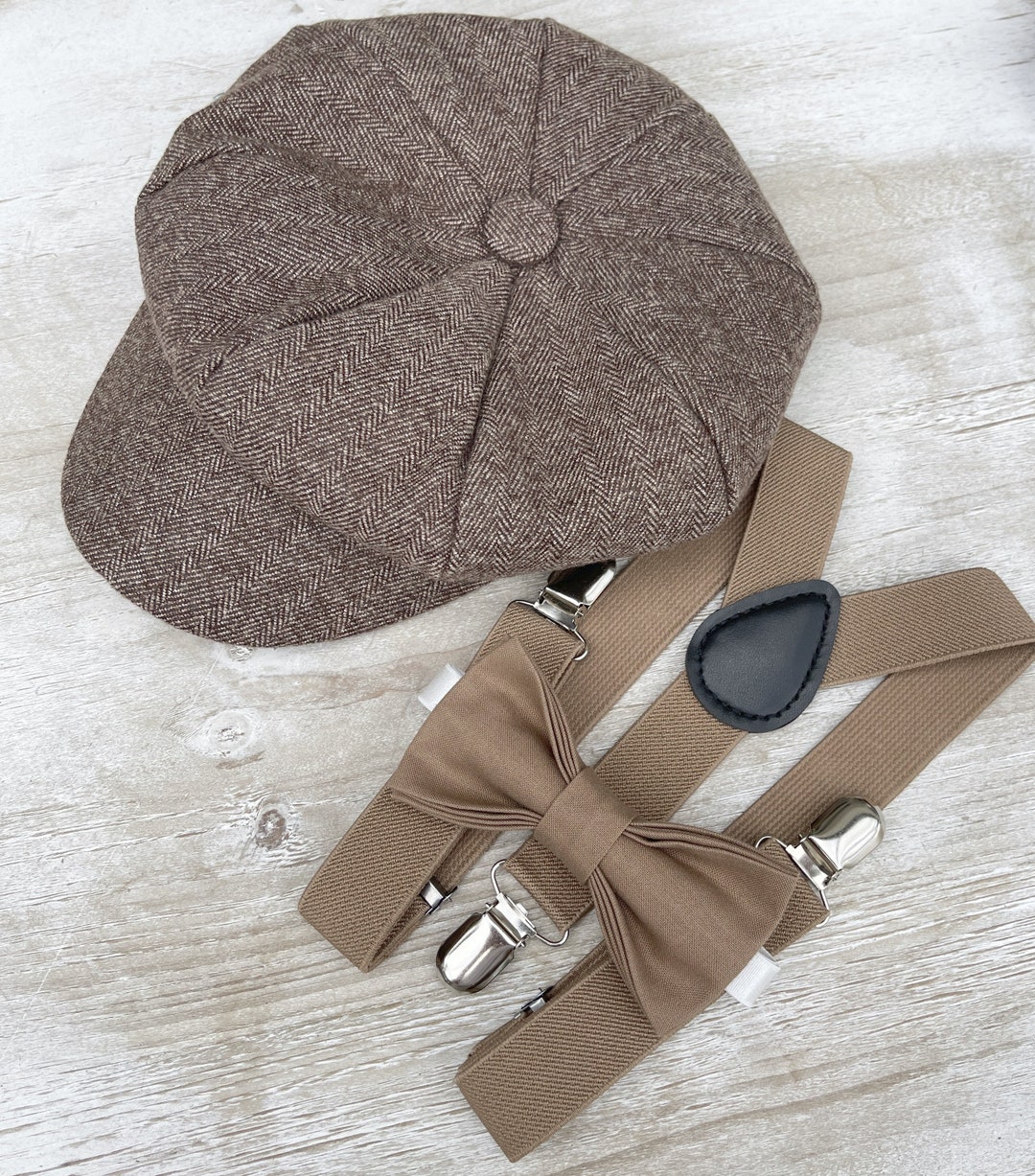 Boy's & Men's Flat Hat , Applejack Newsboy Cap , Taupe Bow Tie and ...