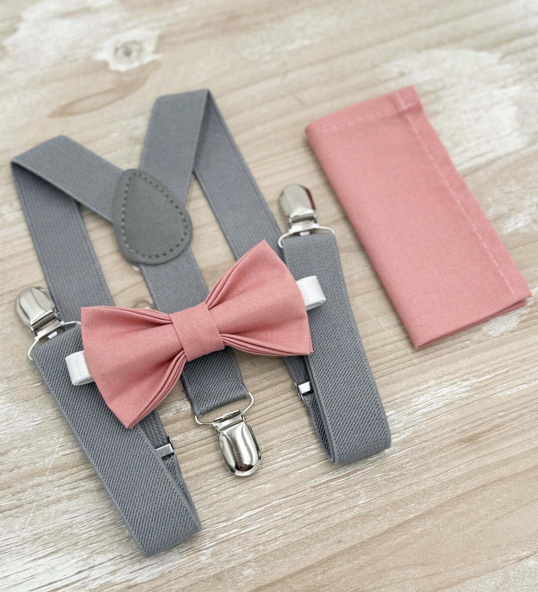 Champagne Rose Bow Tie & Suspenders | Gray Braces | Pocket Square ...