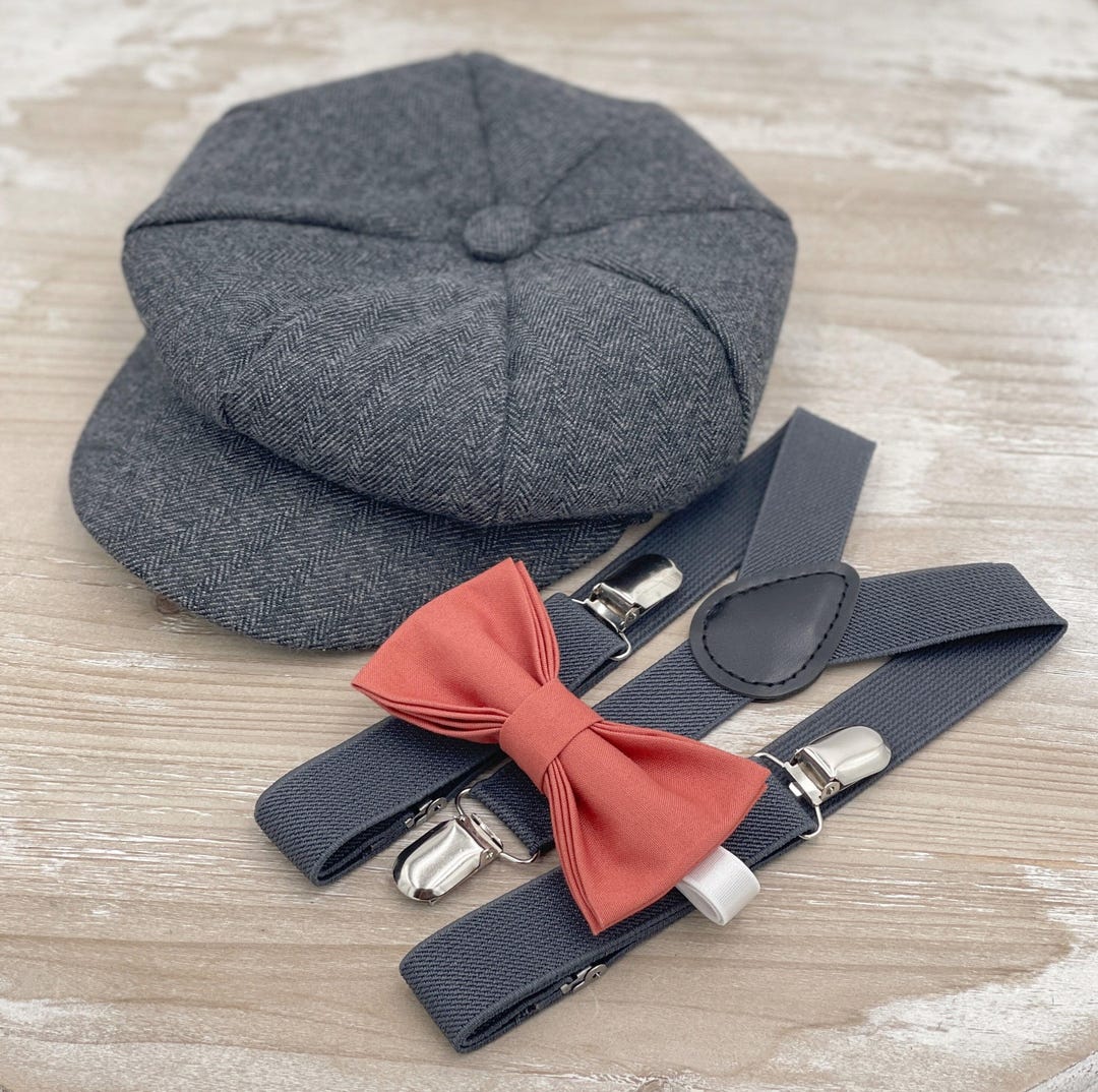 Tweed Newsboy Cap, Gray Applejack Hat, Suspenders, Spice Bow Tie, Ring ...