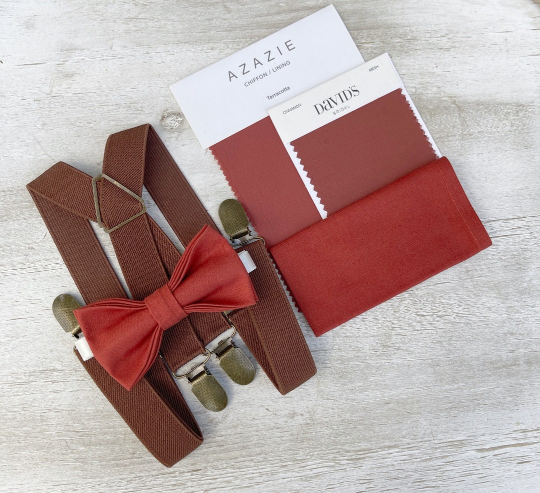 Terracotta Cinnamon Bow Tie & Brown X Back Suspenders , Men's Pocket ...