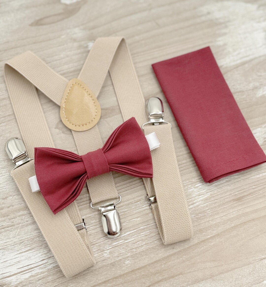 Rosewood Bow Tie & Champagne Suspenders Set - Ring Bearer and Groomsman ...