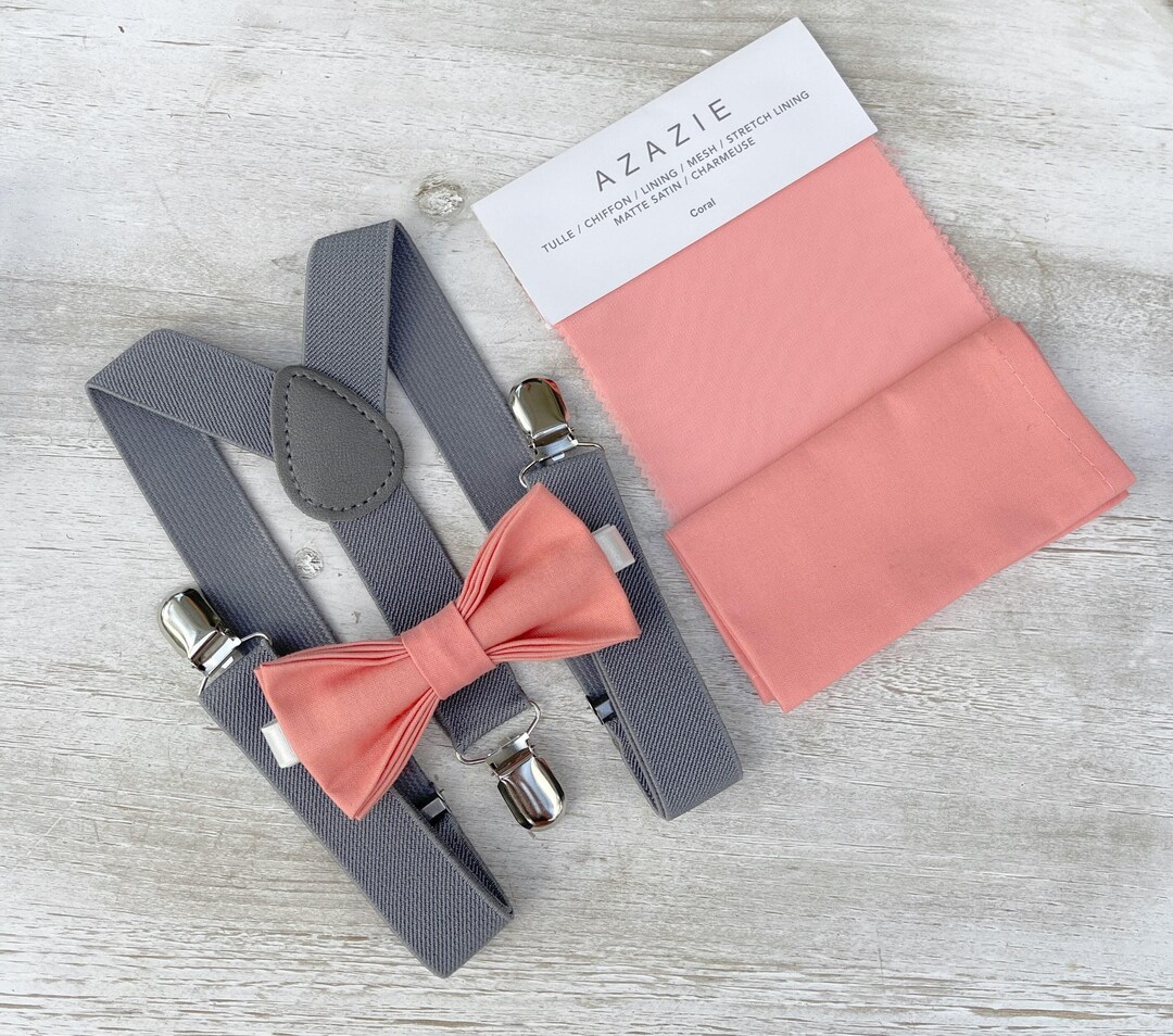 Coral Bow Tie & Gray Suspenders Set - Ring Bearer and Groomsman Outfit ...