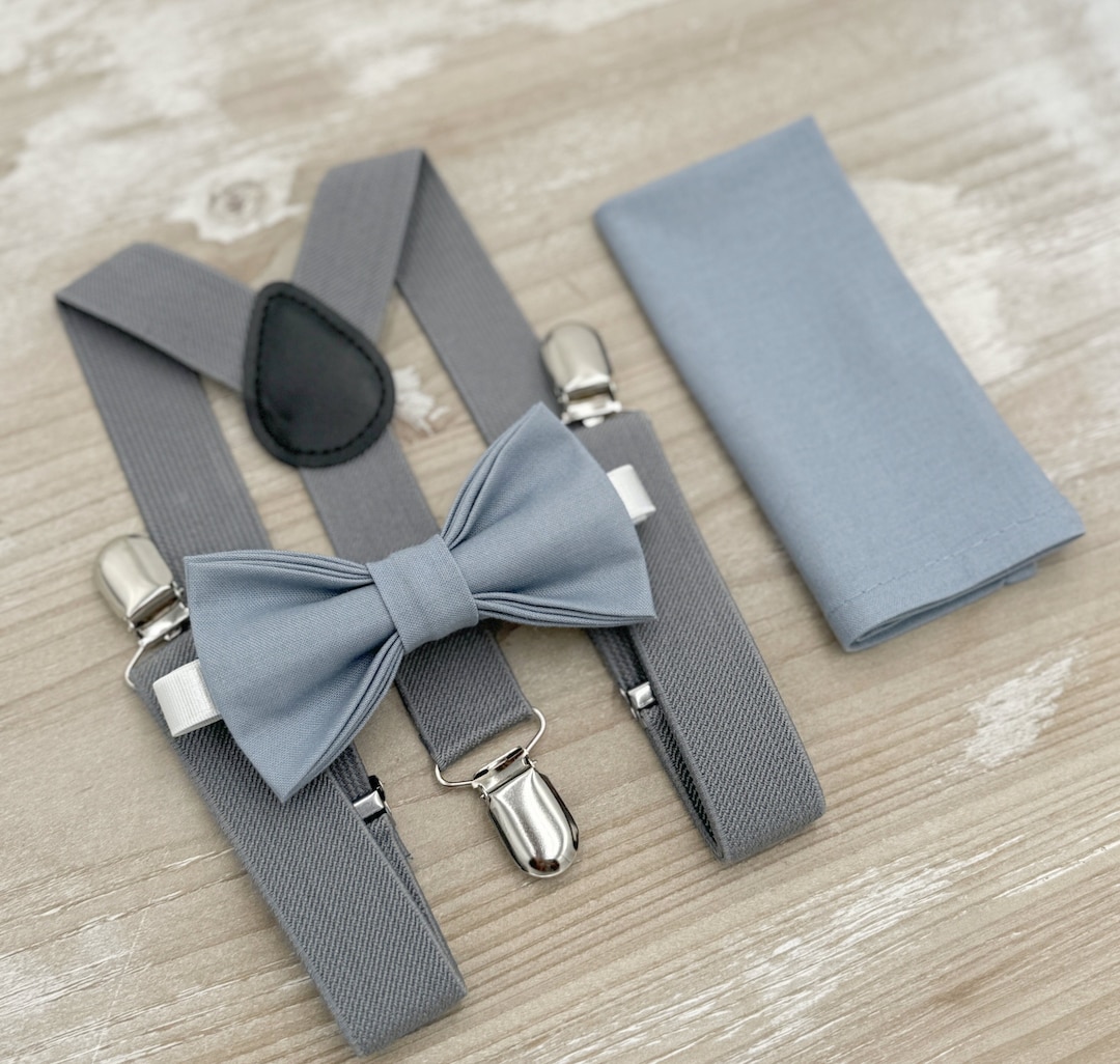 Dusty Blue Bow Tie & Suspenders | Gray Braces | Pocket Square | Ring ...