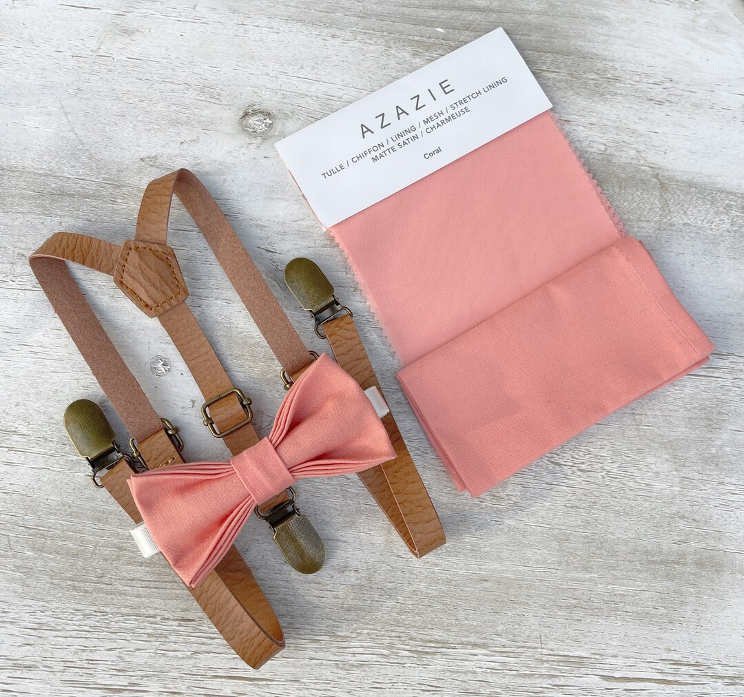 Coral Salmon Bow Tie & Skinny Leather Suspenders , Light Brown Braces ...