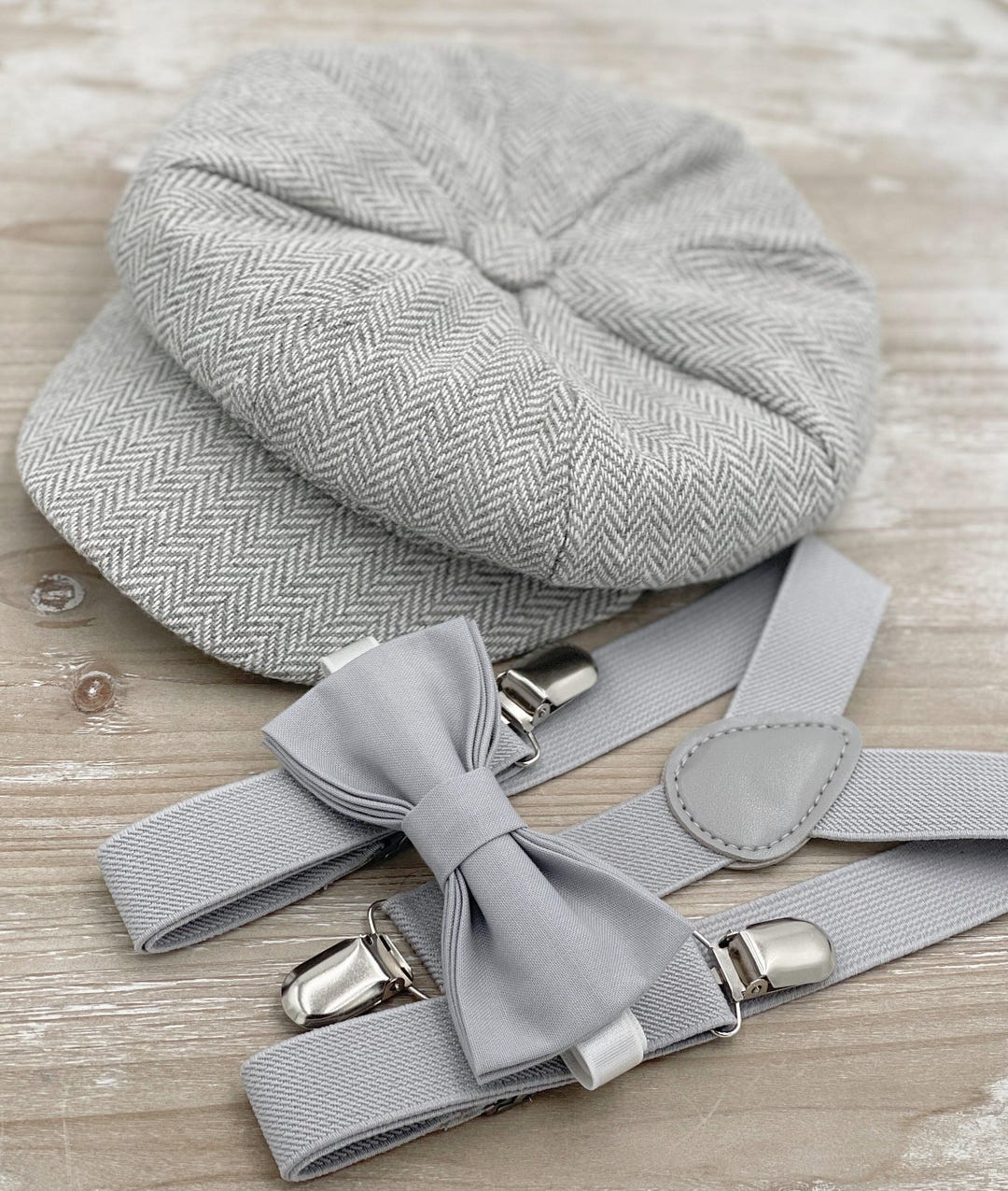 Tweed Newsboy Cap, Light Gray Applejack Hat, Suspenders, Matching Bow ...