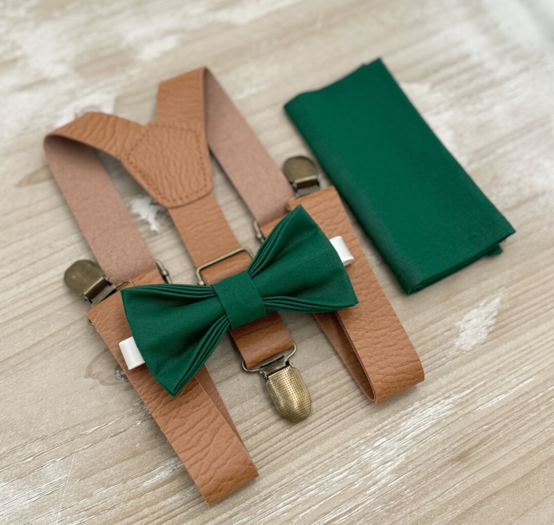 Juniper Bow Tie & Suspenders, Light Brown Leather Braces, Emerald Green ...