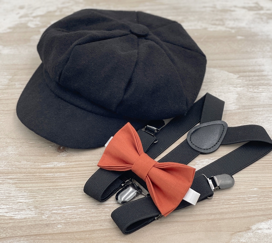 Black Applejack Newsboy Cap , Boy's Flat Hat , Paprika Orange Bow Tie ...
