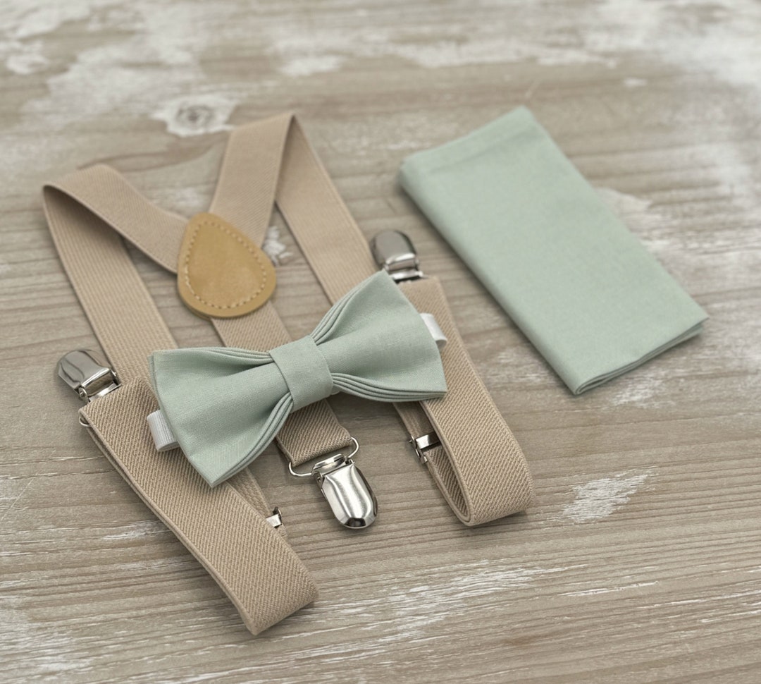 Dusty Sage Bow Tie & Suspenders, Champagne Tan Braces, Pocket Square ...