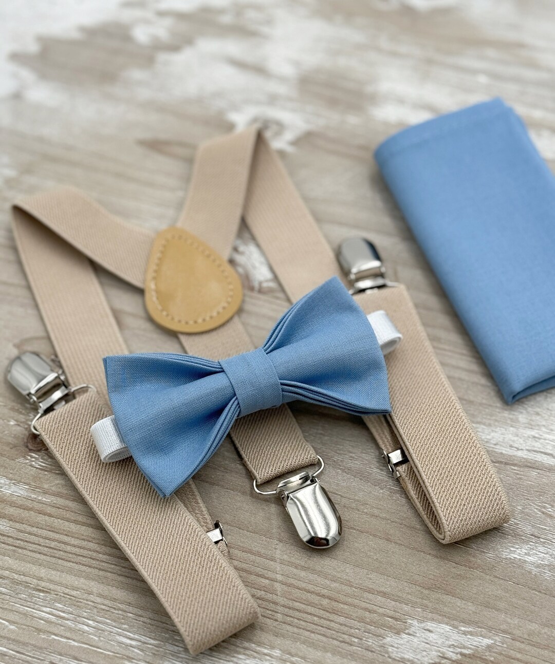 Steel Bow Tie & Suspenders Champagne Braces Pocket Square Ring Bearer ...
