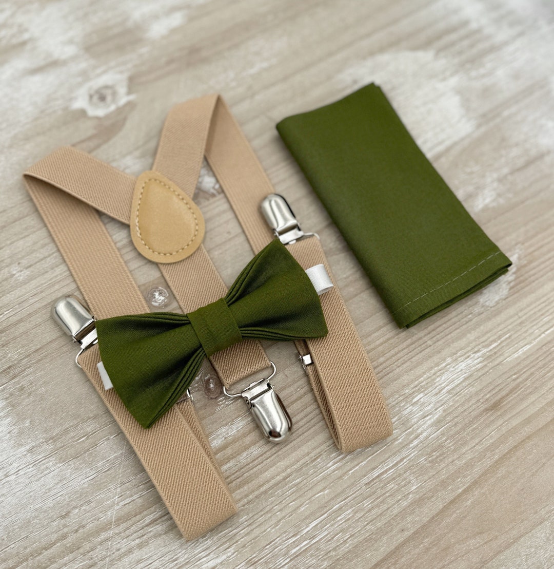 Olive Green Bow Tie & Beige Suspenders - Ring Bearer and Groomsman ...