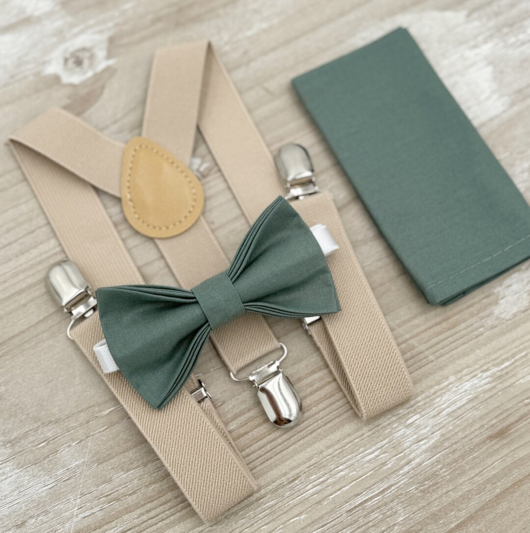 Eucalyptus Bow Tie & Suspenders Champagne Braces Pocket Square Ring ...