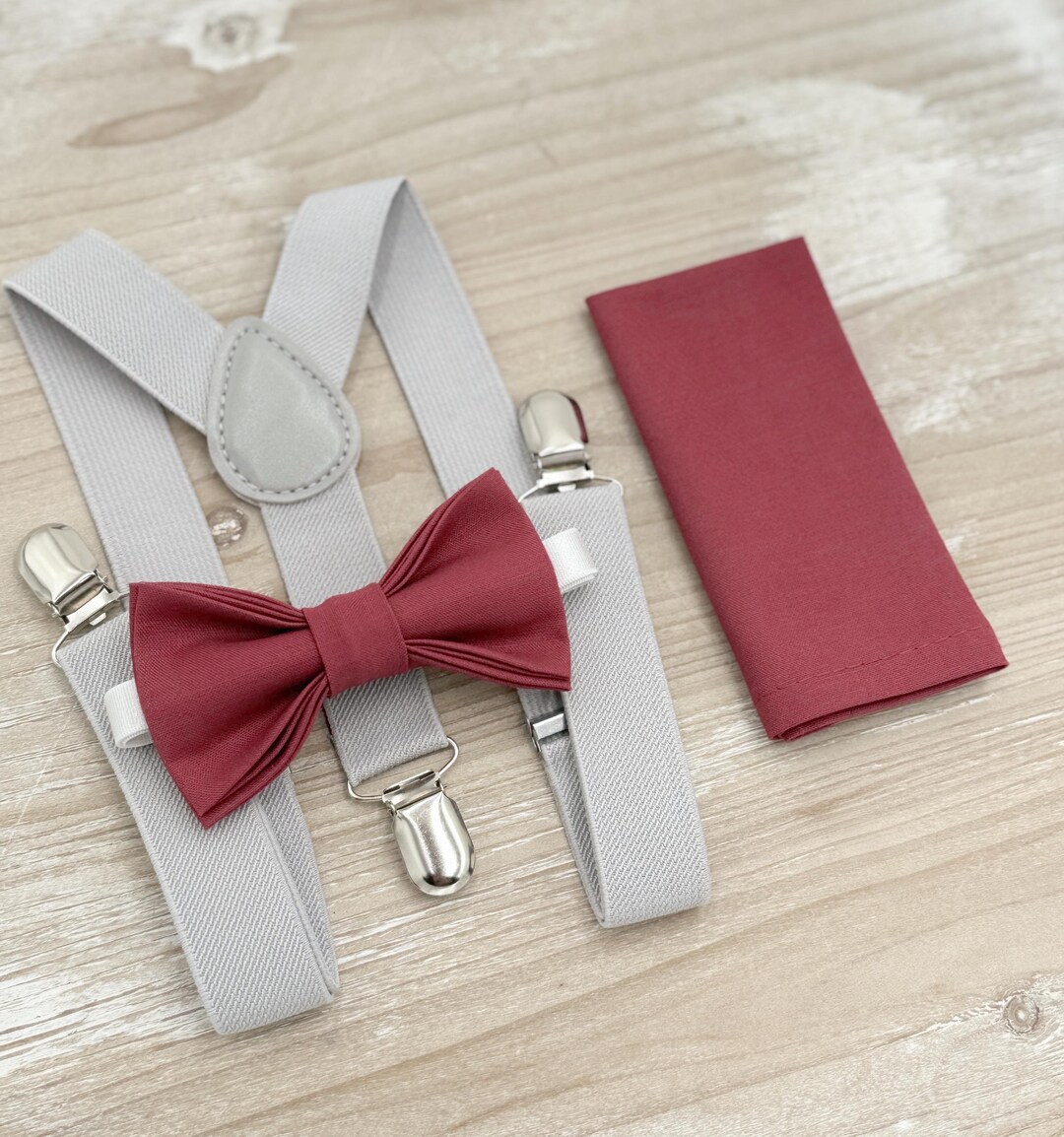 Rosewood Bow Tie & Suspenders | Light Gray Braces | Desert Rose Bow Tie ...