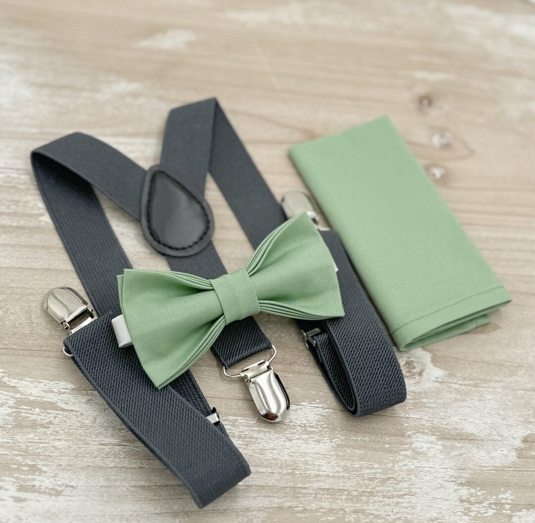 Matcha Bow Tie & Suspenders, Dark Gray Braces, Pocket Square, Ring ...
