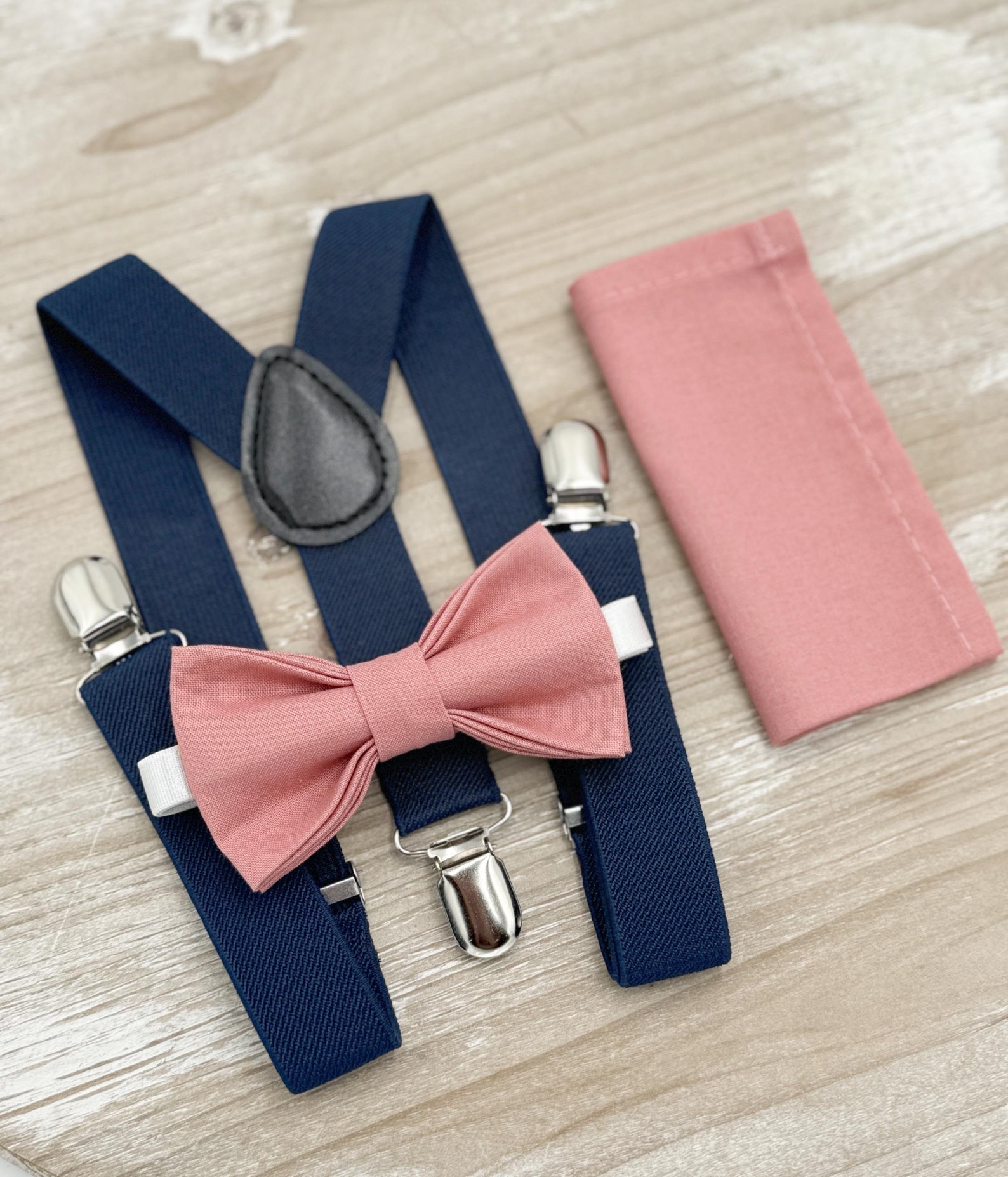 Champagne Rose Bow Tie & Suspenders | Navy Blue Braces | Pocket Square ...