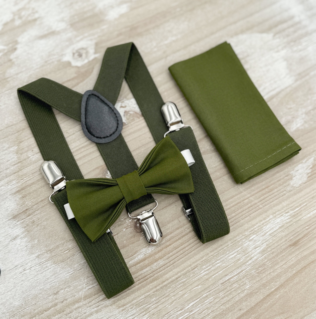 Olive Bow Tie & Suspenders Pocket Square Dark Green Bowtie Ring Bearer ...