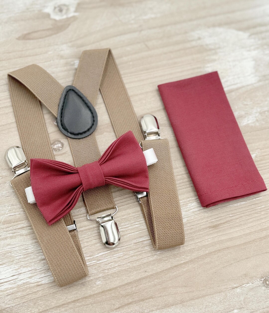 Rosewood Bow Tie & Suspenders | Taupe Braces | Desert Rose Bow | Pocket ...