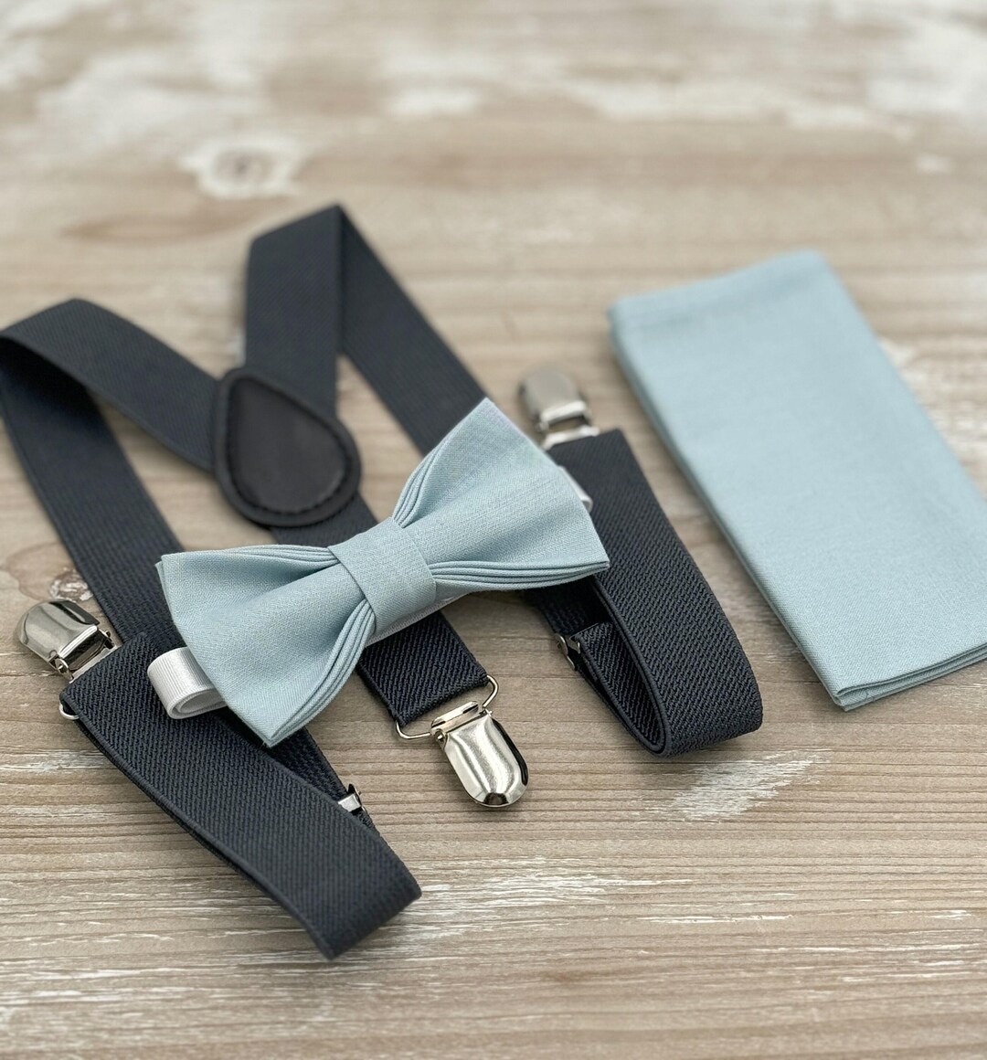 Mist Bow Tie & Suspenders, Charcoal Dark Gray Braces, Dusty Blue Bow ...