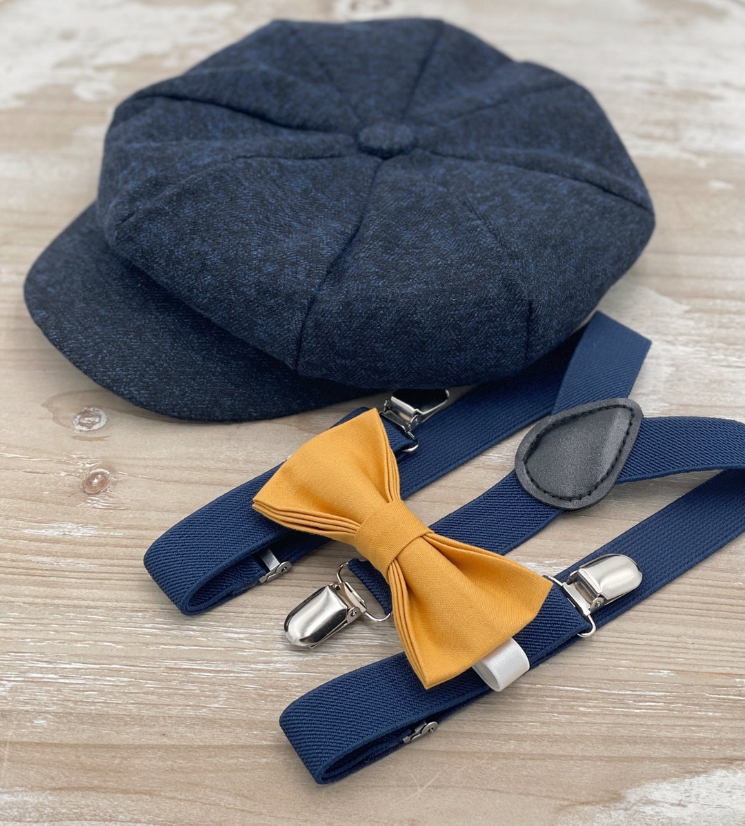 Navy Blue Newsboy Cap , Boy's Applejack Flat Hat , Marigold Yellow Bow ...