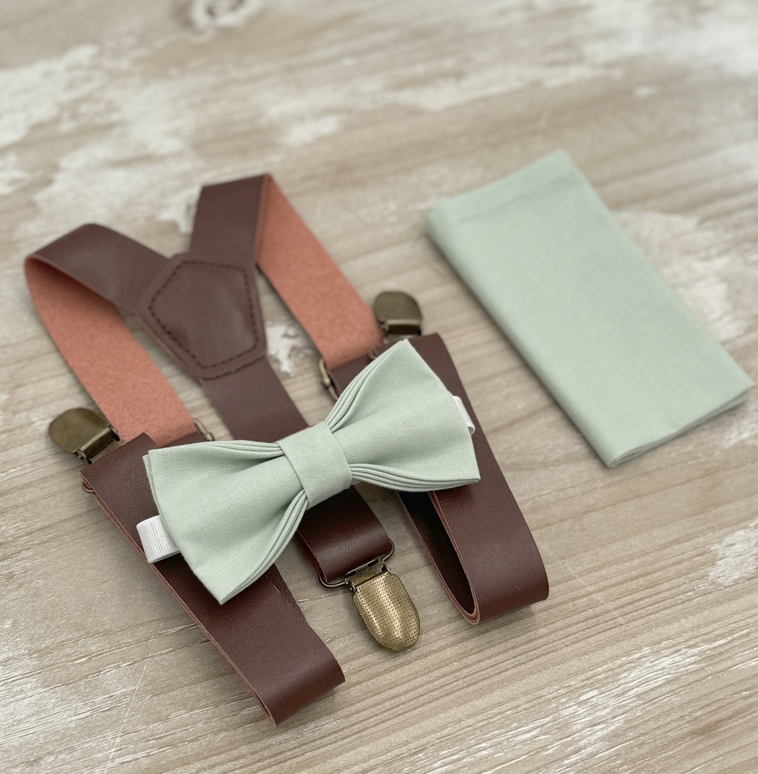 Dusty Sage Bow Tie & Leather Suspenders Set - Ring Bearer and Groomsman ...