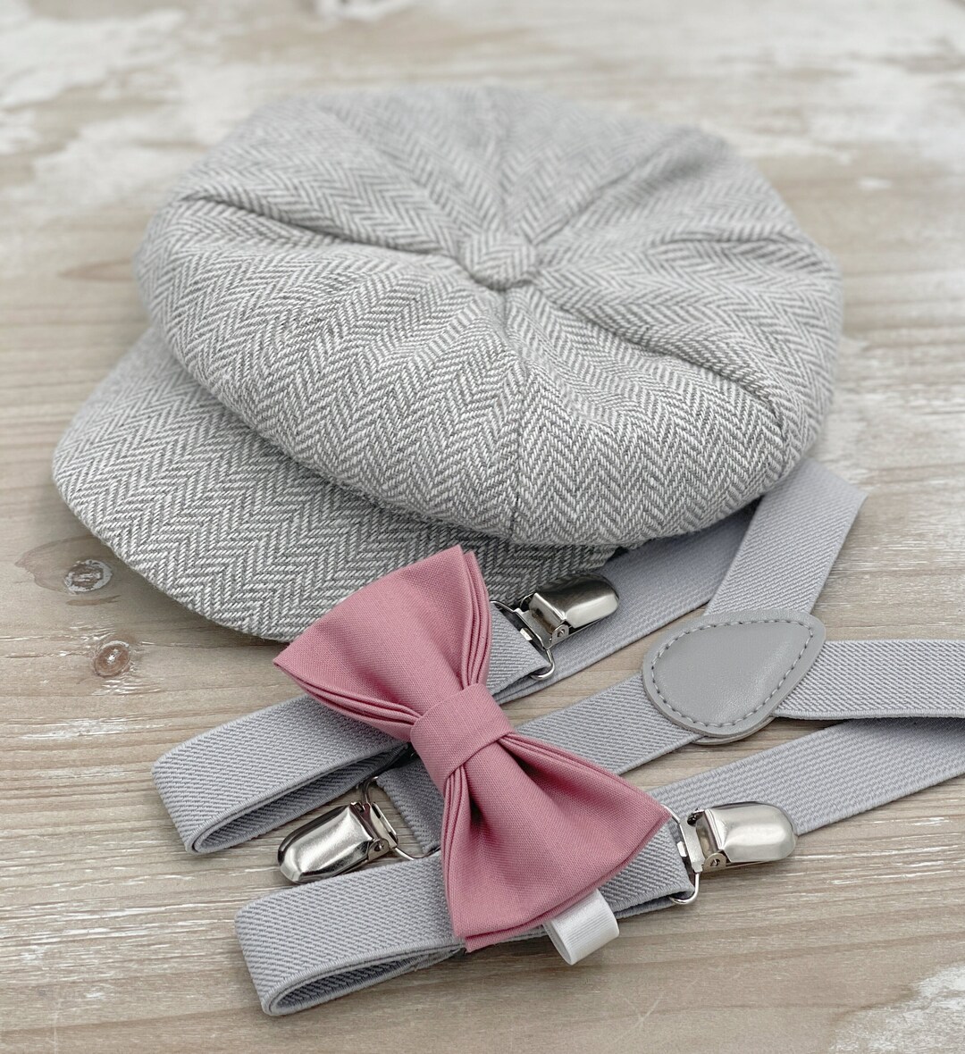 Light Gray Tweed Applejack Cap , Newsboy Ivy Flat Hat , Dusty Rose Bow ...