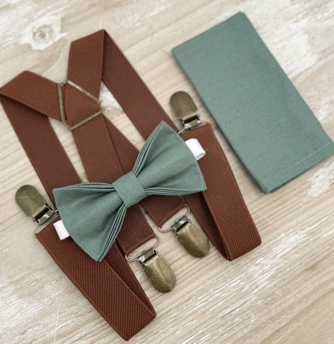 Eucalyptus Bow Tie & Suspenders Brown Braces Pocket Square Ring Bearer ...