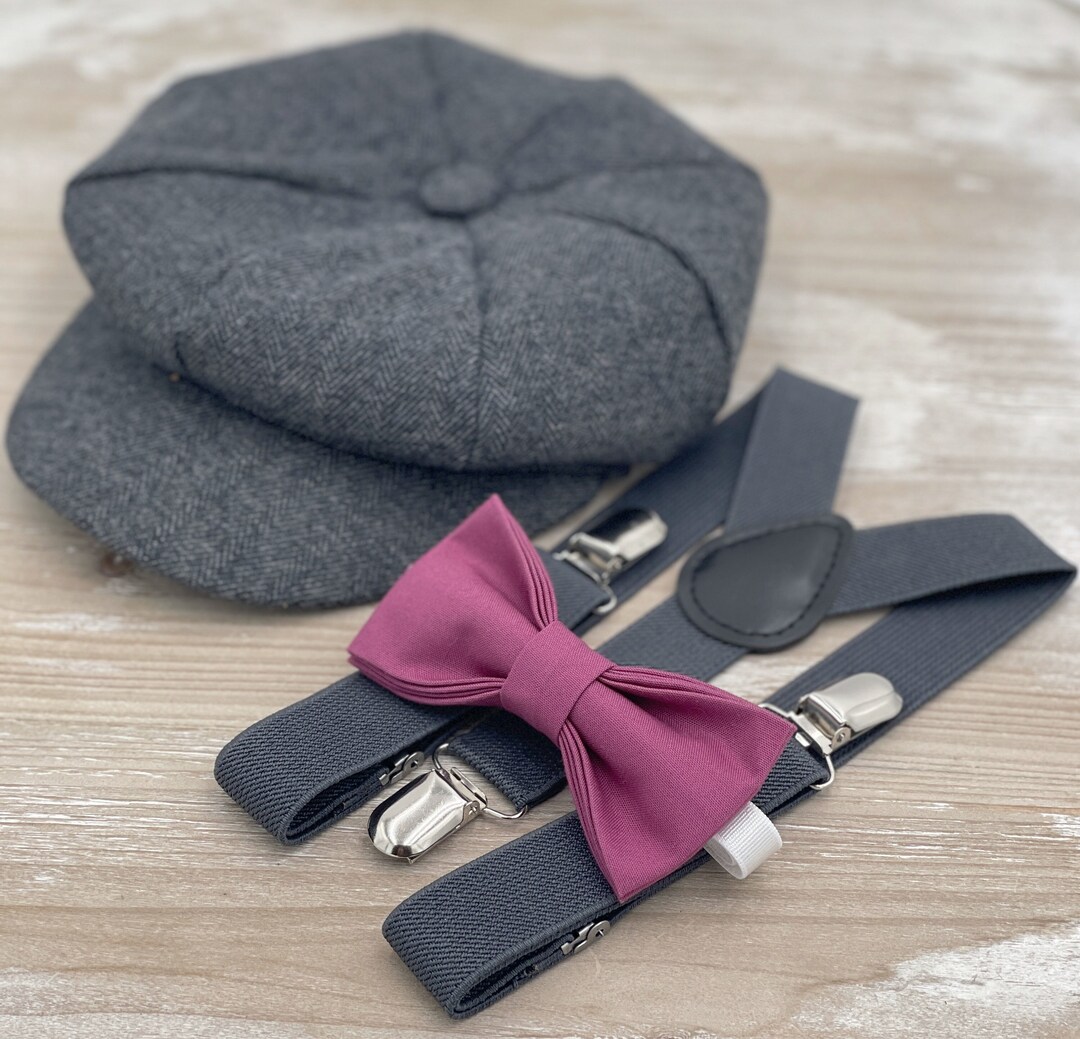 Tweed Newsboy Cap Gray Applejack Hat Suspenders Chianti Bow Tie Ring ...