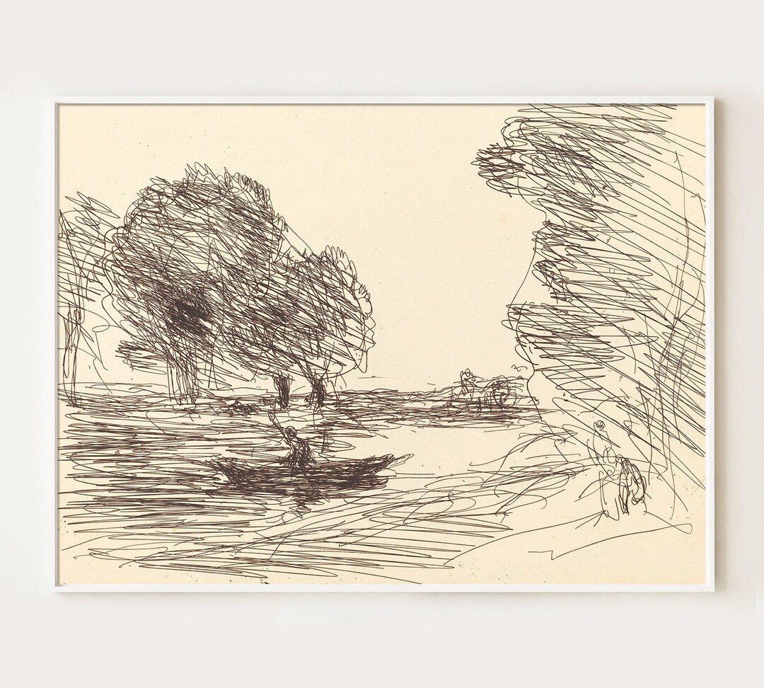 Vintage Sketch Drawing, Lake Print, Boat Print, Pencil Drawing ...