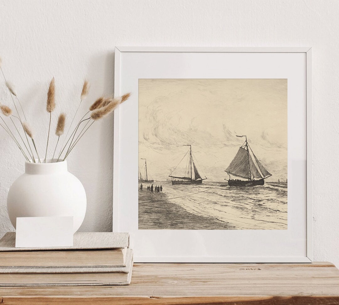 Vintage Pencil Sketch, Boats Art Print, Nautical Wall Art, Neutral ...