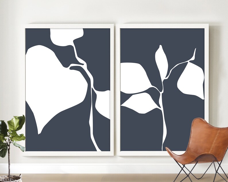 Navy Art Set of 2 Prints Botanical Art Print Leaf Art Print | Etsy