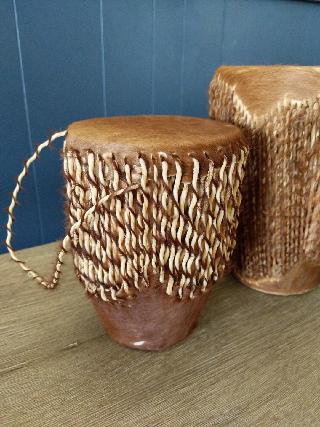 Early Vintage Tribal Drum, Stretched Cowhide & Wood, Double Bongo Drums ...