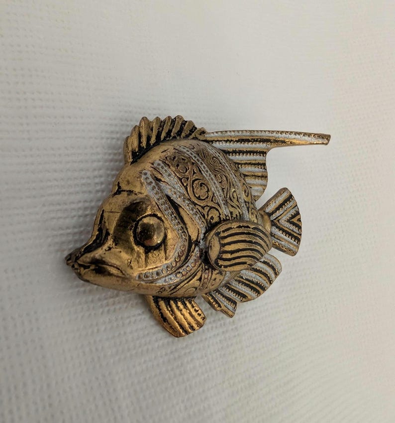 Brooch : Vintage Gold Angle Fish Jewelry DAMASCENE Silvertone Toledo ...