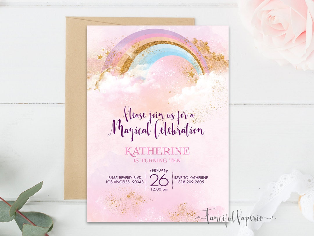 Magical Rainbow Birthday Party Invitations Rainbow and Clouds ...