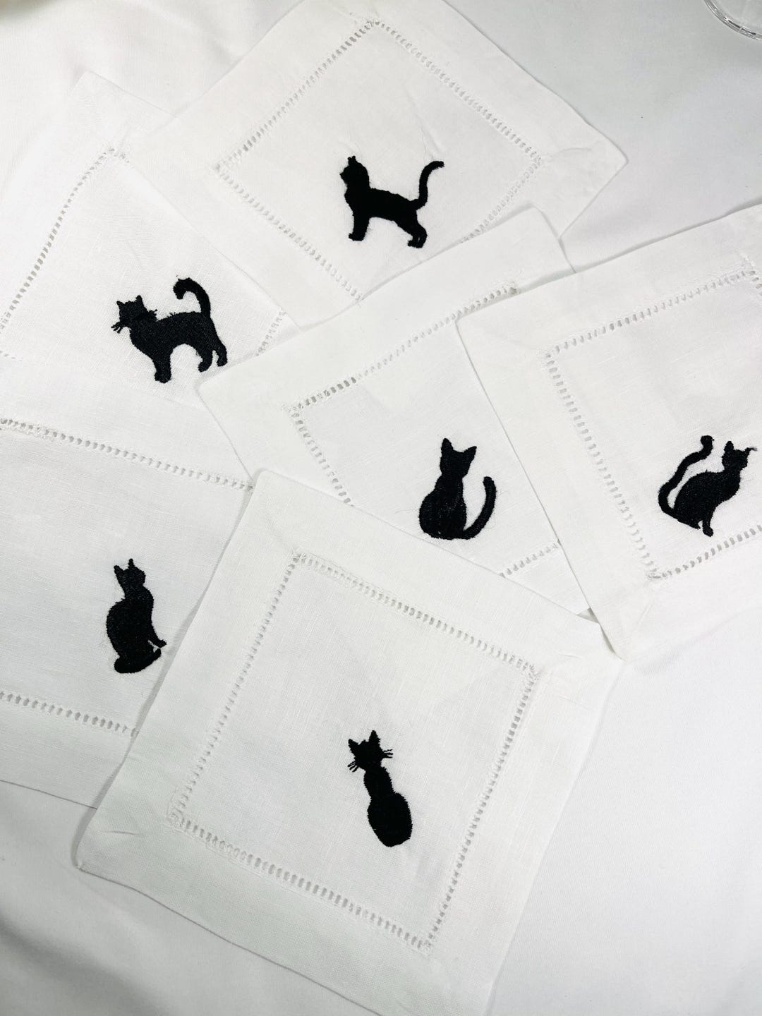 Embroidered Cat Cocktail Napkins, Set of 6 or 12 - Linen Cotton Blend ...