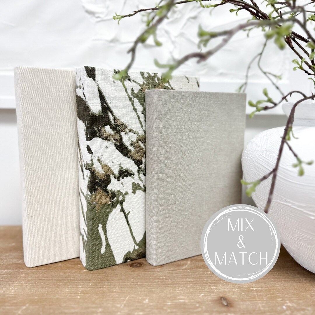 Fabric Wrapped Books for Shelf Decor, Marble Home Decor, Green Modern ...