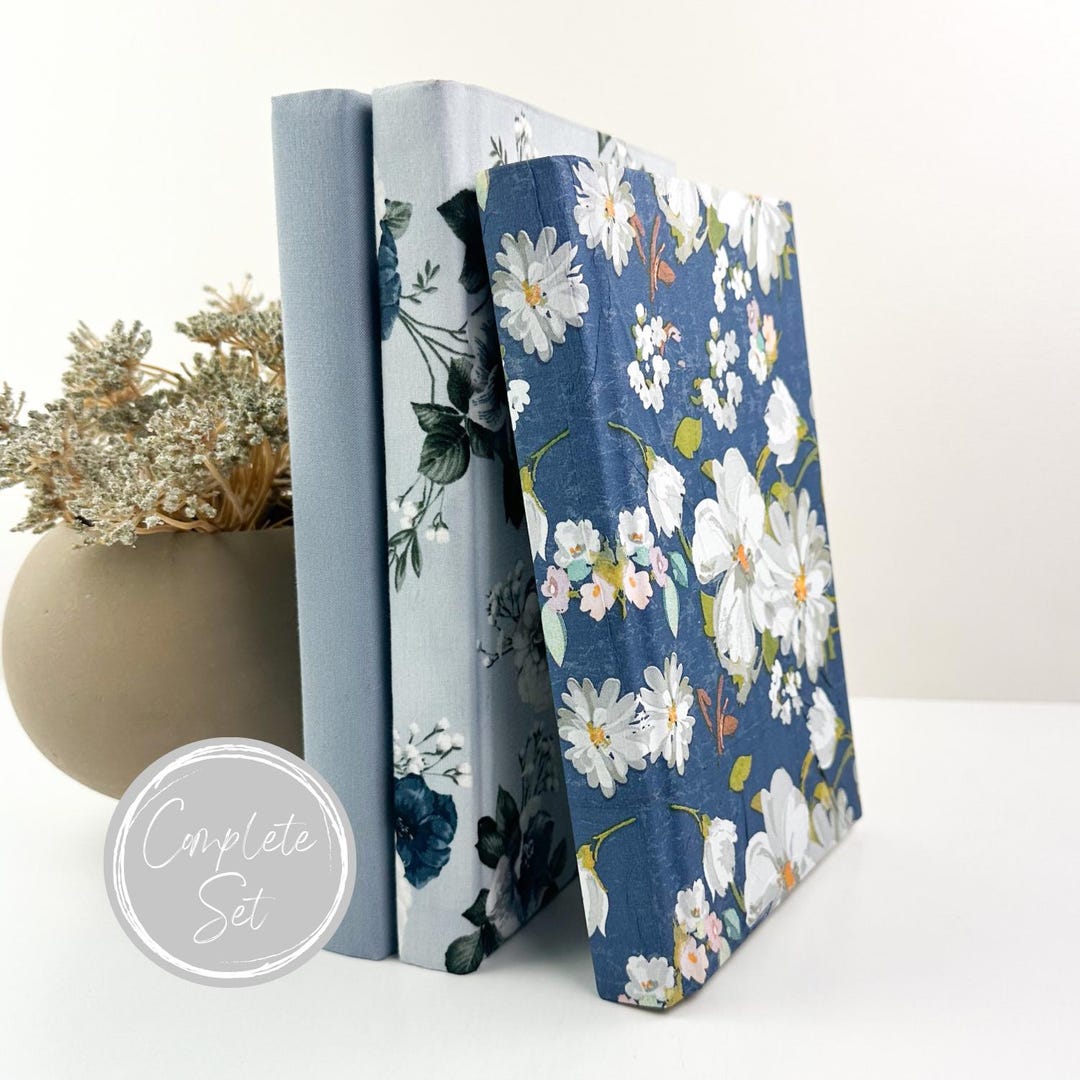 Blue Book Set, Fabric Covered Books, Shelf Decor, Floral Pattern Decor ...