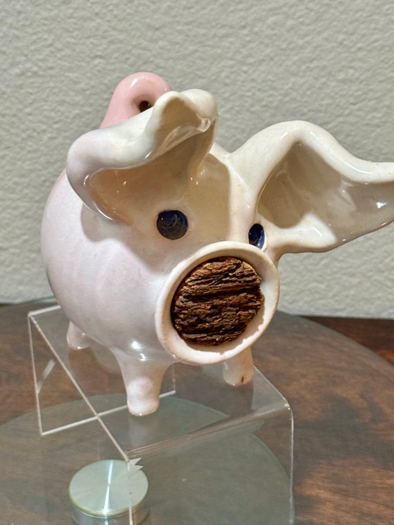 Vintage Pottery Pink Piggy Bank Absolutely the Cutest One on Etsy Cork Nose Curly Tail Blue Eyes Cash Keeper Etsy