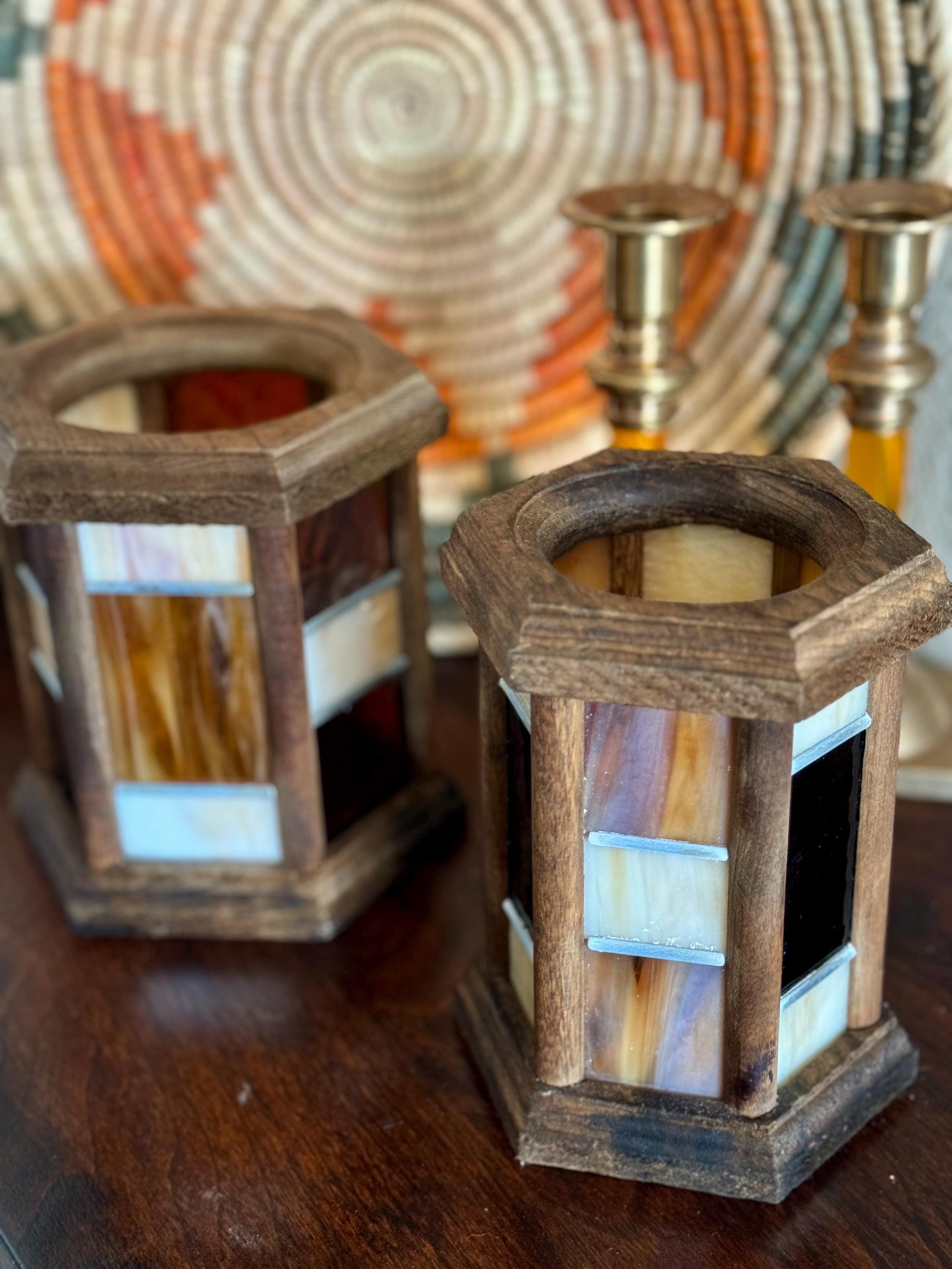 MCM Wood and Slag Glass Panel Hexagon Hurricanes/candle Holders, Set of ...