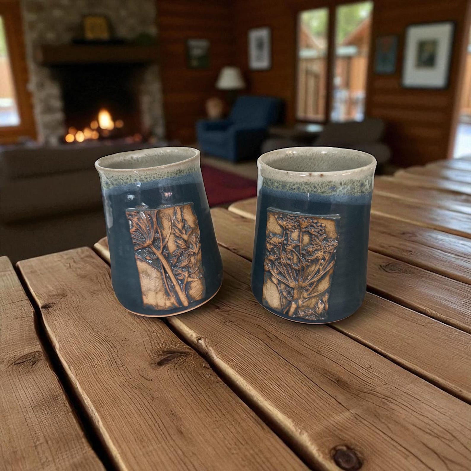 Sgraffito Ceramic Mugs: Botanical Imprint Pottery Coffee Cups, Set of ...