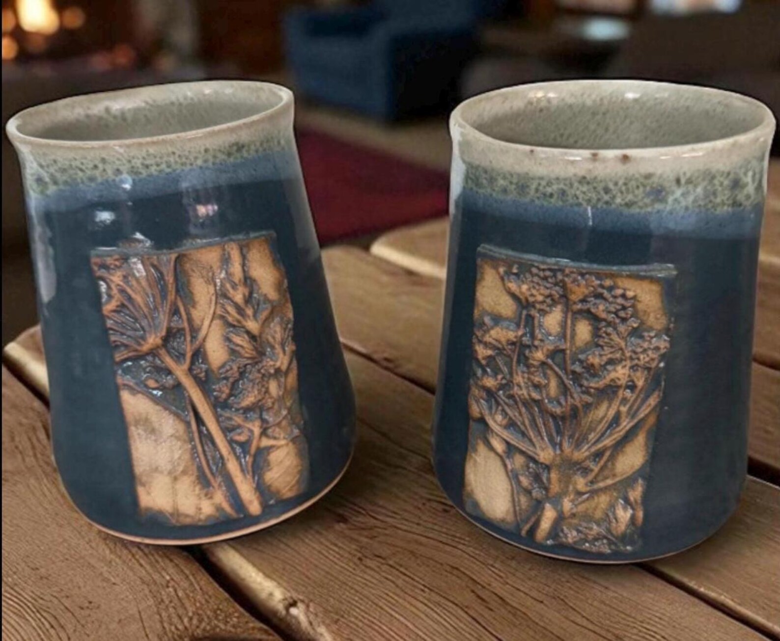 Sgraffito Ceramic Mugs: Botanical Imprint Pottery Coffee Cups, Set of ...