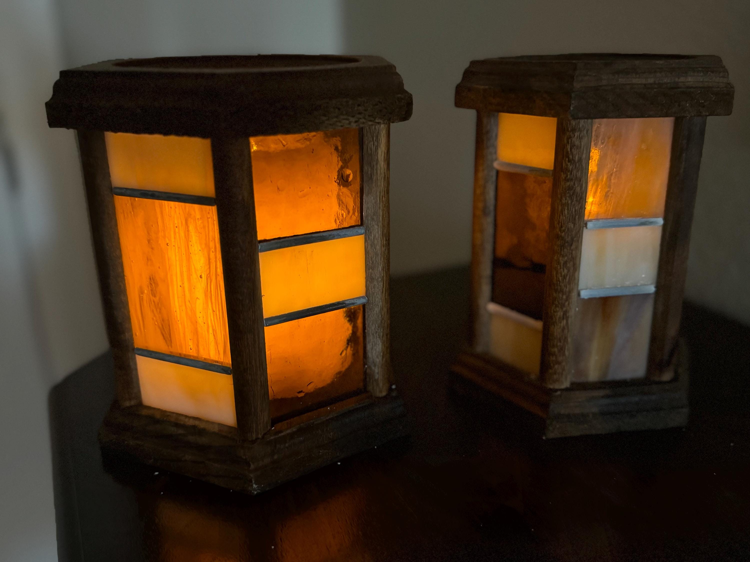 MCM Wood and Slag Glass Panel Hexagon Hurricanes/candle Holders, Set of ...