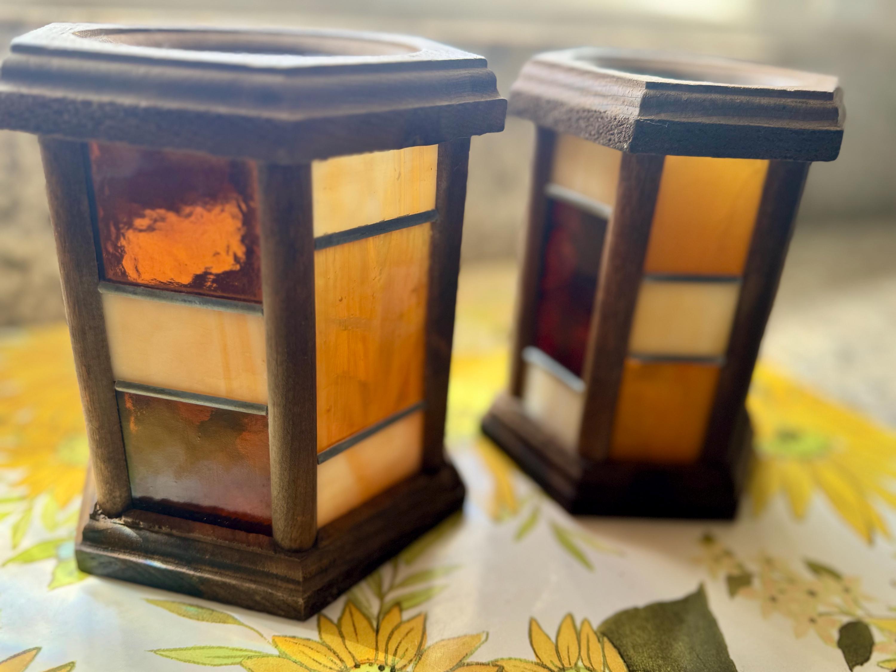 MCM Wood and Slag Glass Panel Hexagon Hurricanes/candle Holders, Set of ...