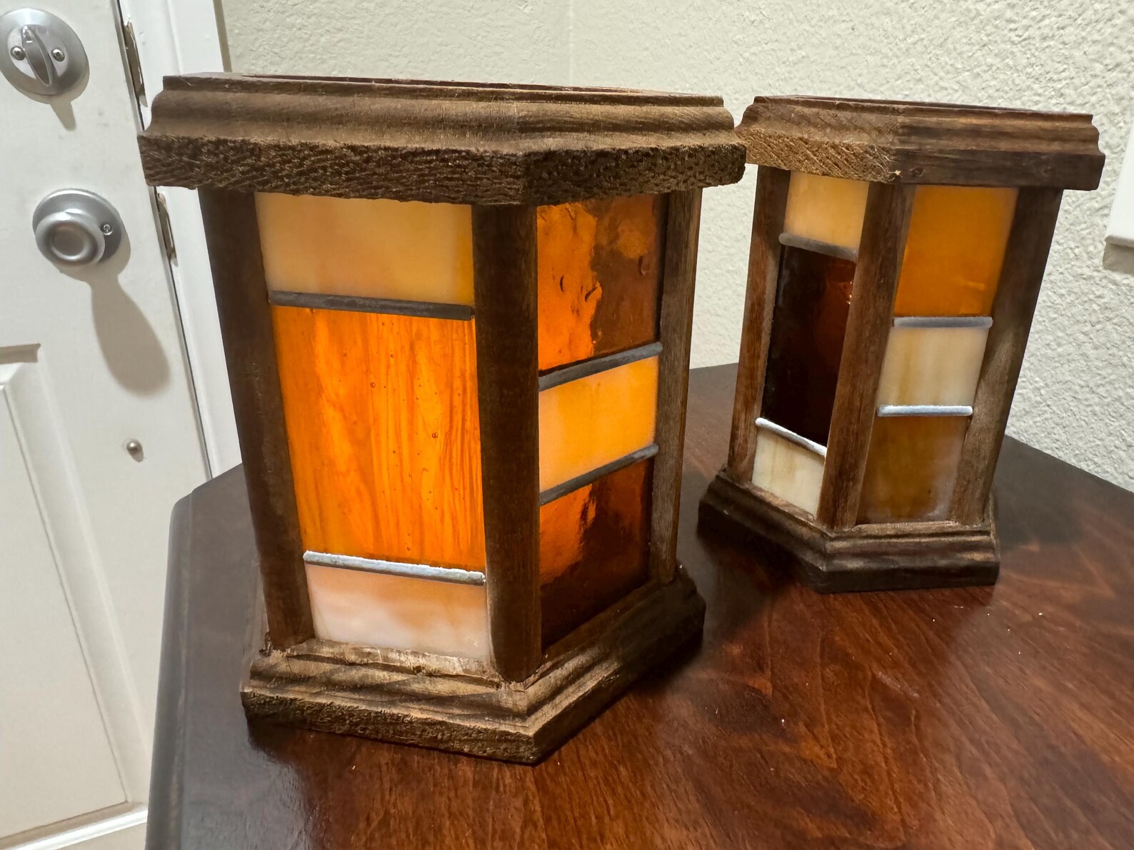 MCM Wood and Slag Glass Panel Hexagon Hurricanes/candle Holders, Set of ...